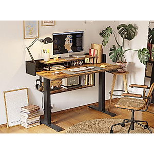 FEZIBO 55" Electric Standing Desk with Shelves, 55 x 24 Inch Sit Stand Rising Desk with Monitor Stand and Storage, Ergonomic Home Office Computer Desk, Rustic