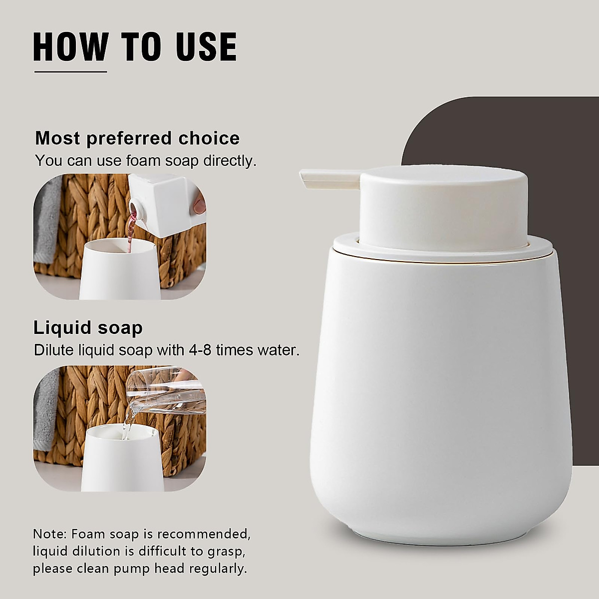 Agyiuns White soap Dispenser Ceramic foaming soap Dispenser with Easy-to-Press Pump for Bathroom 12 oz refillable Liquid Hand soap Dispenser for Hand sanitizers, lotions (White Foam Dispenser)