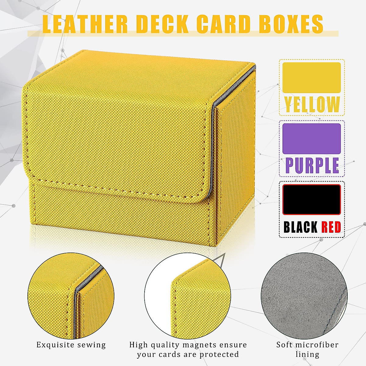 Weewooday 3 Pieces Leather Deck Card Boxes Cards Deck Game Box for 100 Plus Cards Compatible with MTG (Yellow, Black Red, Purple, Horizontal)