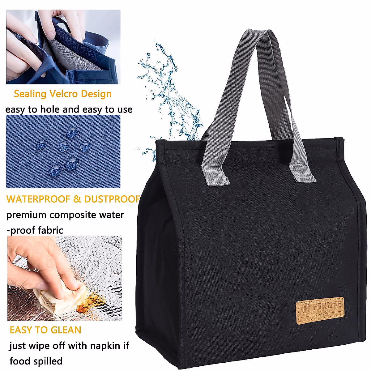 FERNYE Lunch Bag for Women/Men,Waterproof Reusable Portable Lunch Tote,Lunch Box Bag.Thermal Cooler Bag Ideal for Work/Party/l/Travel/Picnic (Light Black)