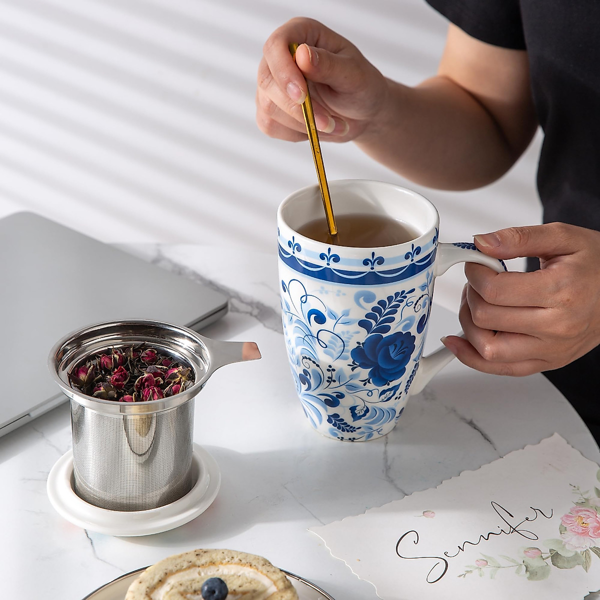 GBHOME Tea Mug with Infuser and Lid, 18 Ounce large Ceramic Loose Leaf Tea Cup,Microwave, Dishwasher Safe Tea Steeping Mug,Pefect Gift For Tea Lover