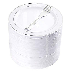 WELLIFE 120 PCS Silver Plastic Dessert Plates with 120 PCS Silver Forks,6.3 inch Disposable Salad Plates,Premium White Appetizer Plates with Silver Rims Ideal for Weddings& Parties.