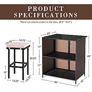 Oakmont Outdoor Bar Set 3-Piece Brown Wicker Patio Furniture - Glass Bar and Two Stools with Cushions for Patios, Backyards, Porch, Gardens or Poolside