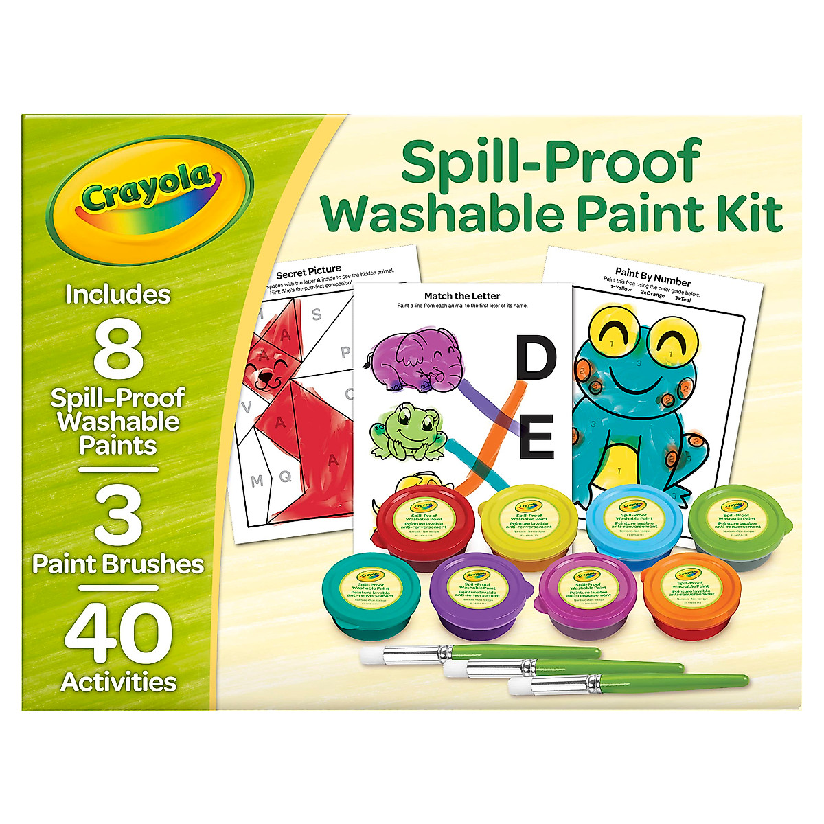 Crayola Spill Proof Paint Set (8ct), Washable Toddler Paint Kit, with Activity Pages, Kids Paint Brushes, Paint Pots, Ages 3+