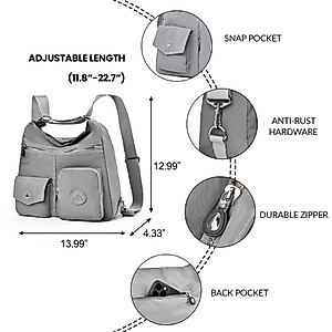 Multipurpose Hobo Purse for Women with Antitheft RFID, Waterproof Nylon Crossbody Bag Shoulder Handbag, Convertible Backpack (Grey)