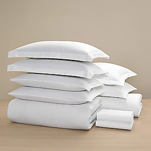H by Frette Checkered Sateen H Bed Bundle (King) - Luxury All-White Bedding Bundle/Includes Pillowcases, Top Sheet, Fitted Sheet, Duvet Cover, Shams, Euro Shams, and Bedcover