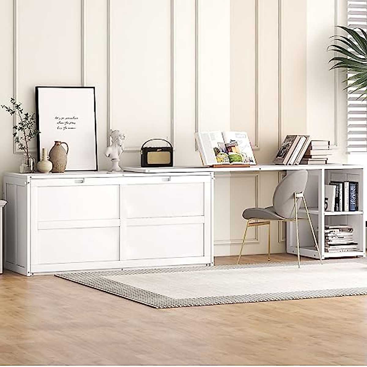 Queen Size Murphy Bed with Rotatable Desk, 3 in 1 Floor Bed Frame with Cabinet & Workstation Murphy Bed Cabinet Bed Murphy Bed Queen Hidden Murphy beds Murphy Cube Cabinet Bed（White）