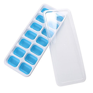 Covered Ice Cube Tray Set with 14 Ice Cubes Molds Flexible Rubber Plastic, Stackable Durable and Dishwasher (Blue)