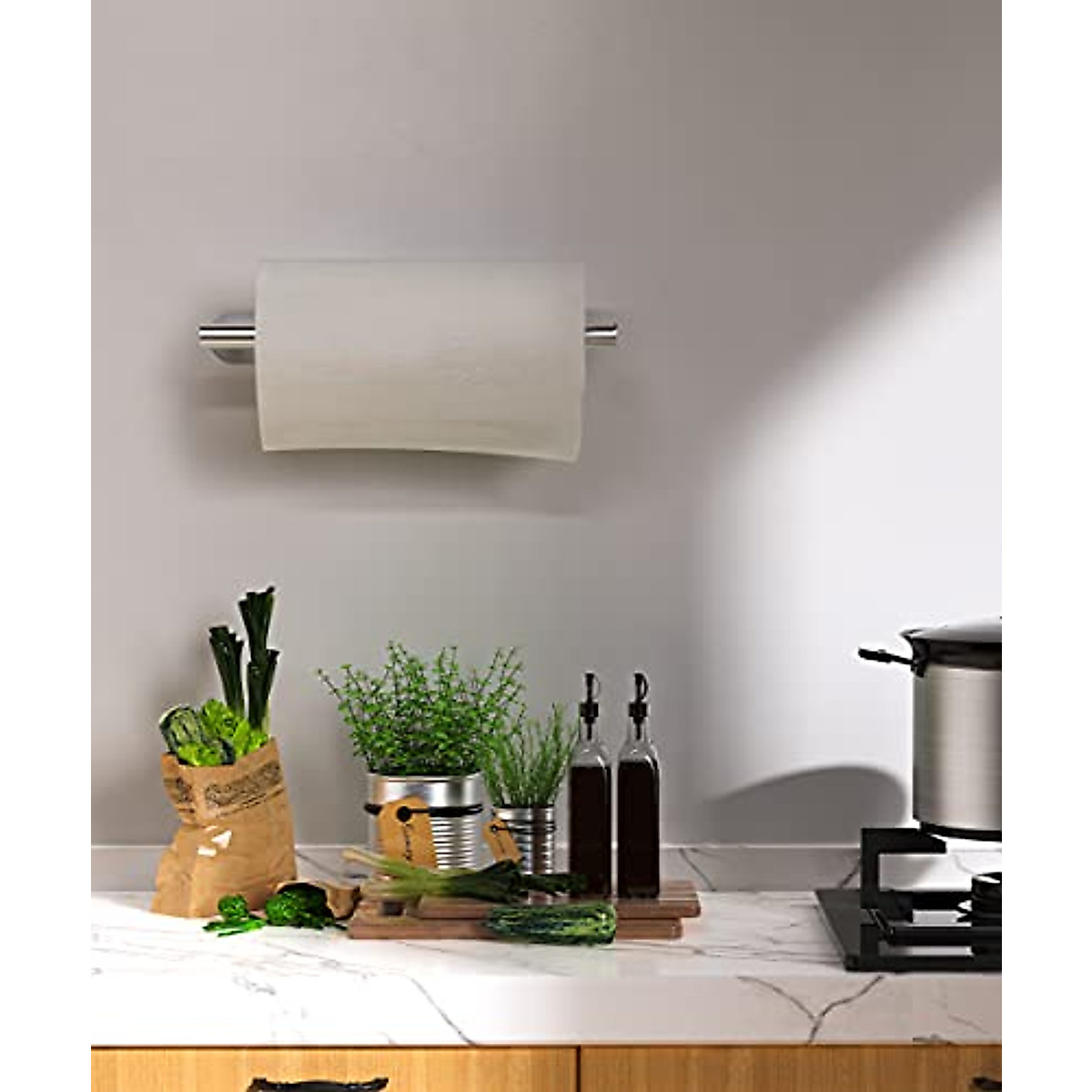 Paper Towel Holder Wall Mount-Adhesive or Drilling Stainless Steel Paper Towel Holder Under Cabinet Mount for Kitchen Bathroom (Silver)