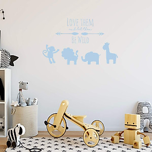 Animal Themed Wall Decal - Love Them Let Them Be Wild - Vinyl Decor for Baby's Nursery, Bedroom Kids Room, Playroom or Classroom – Silhouette of Lion, Hippo, Elephant and Giraffe