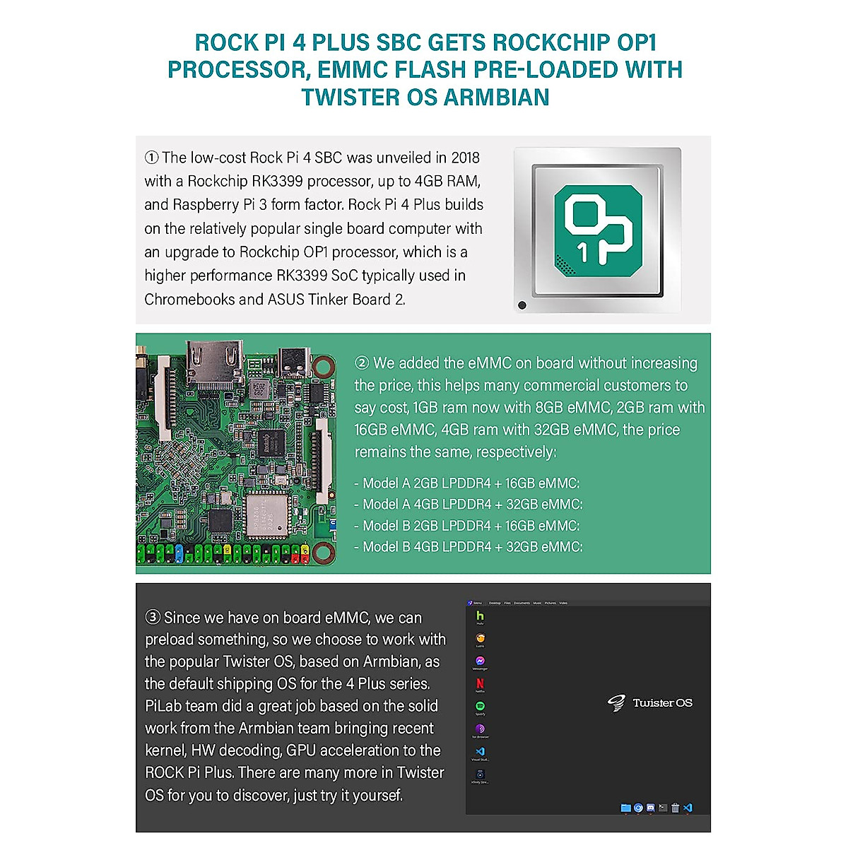 Rock Pi 4 Plus Rockchip RK3399(OP1) Single Board Computer LPDDR4 2GB with WiFi 5 and Bluetooth 5.0 Support Twister OS (2GB RAM+16GB eMMC)