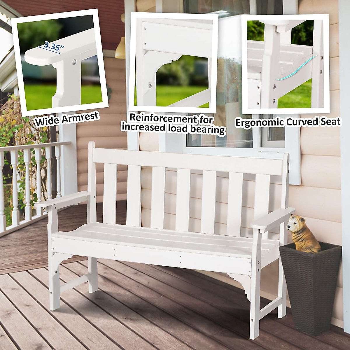 nalone Outdoor Bench, HDPE All Weather Patio Bench Load up to 800 Lbs, 2-Person Garden Bench Rot-Proof Fade Proof for Patio, Porch, and Park (White)