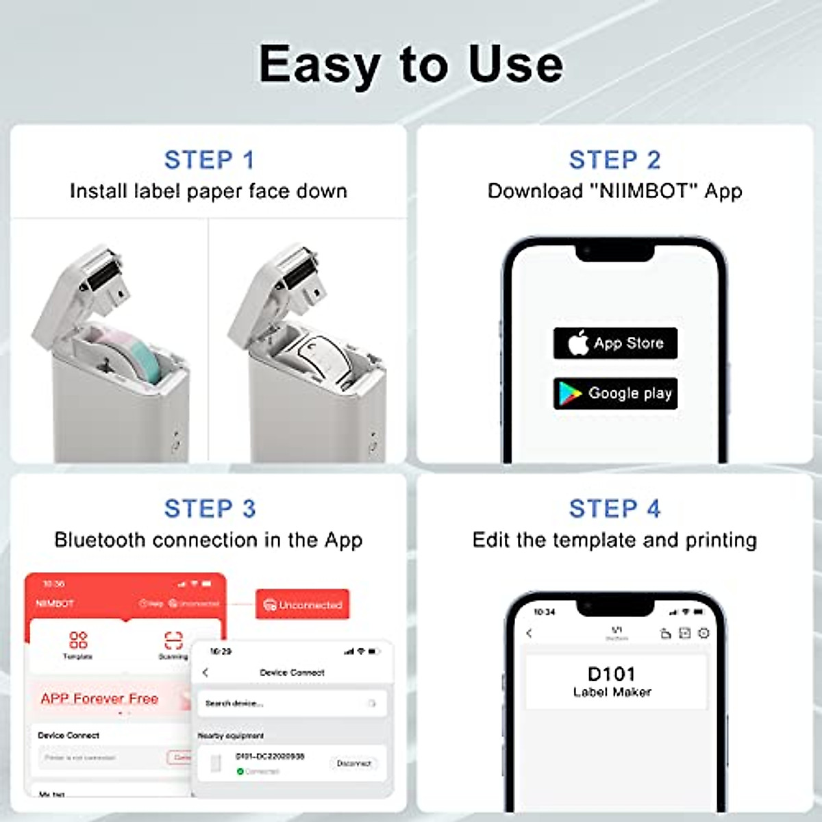Bundle Label Maker Machine D101 Bluetooth Label Maker with 2 Rolls of White Label Tape 12×40mm, 25×50mm