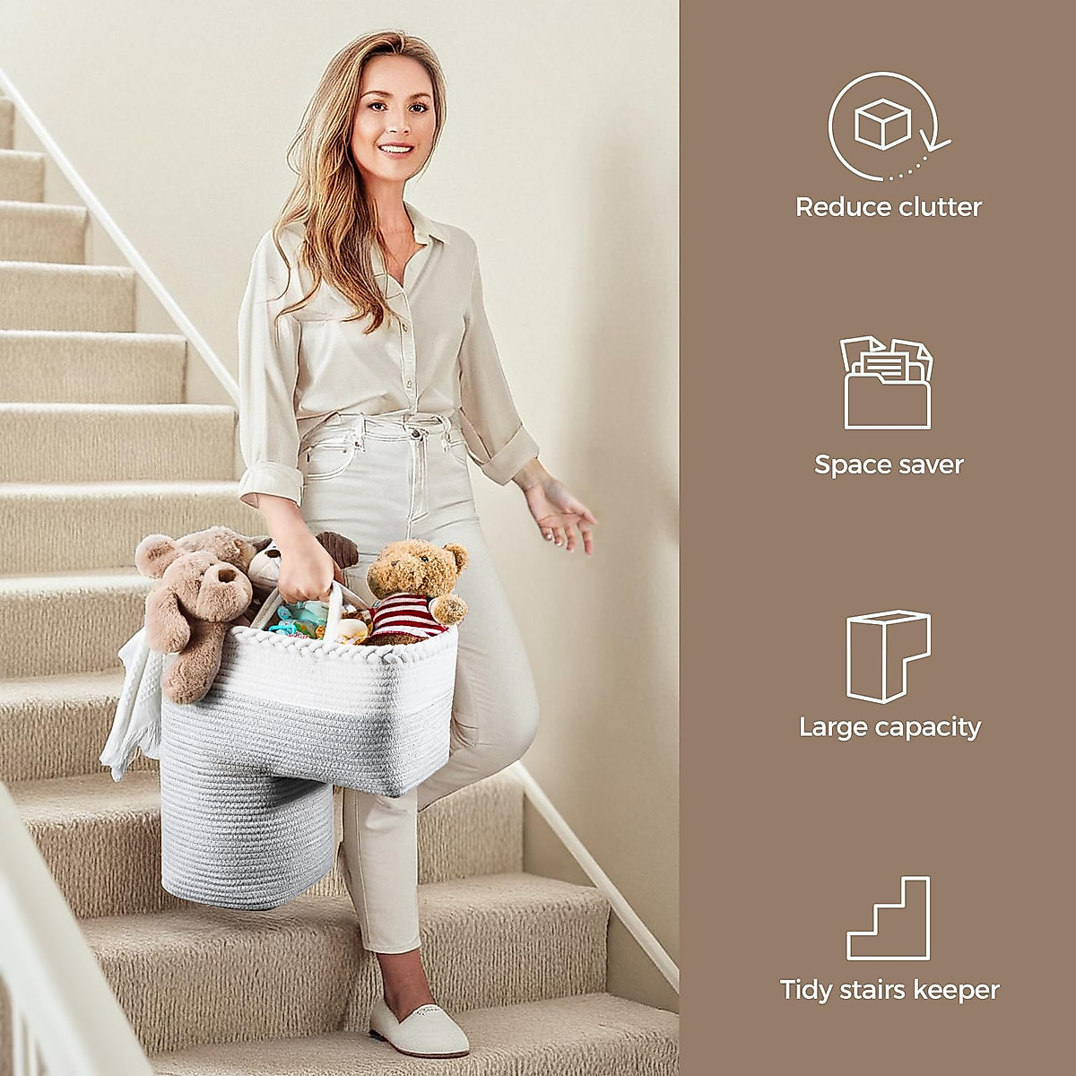 Puricon Stair Basket, Cotton Rope Staircase Basket for Carpeted and Wooden Stairs, Foldable Stair Step Storage Basket Collapsible Stair Organizer with Handle -Greywhite