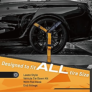 Ratchet Car Tie Down Lasso Tire Strap (4 PK) with Flat Hook Anchors for Trailers- 2 Inch x 12 Feet -Cut & Tore Resistant - Heavy Duty 3333lbs Working Load for Hauling Cars KODIAK STRAPS