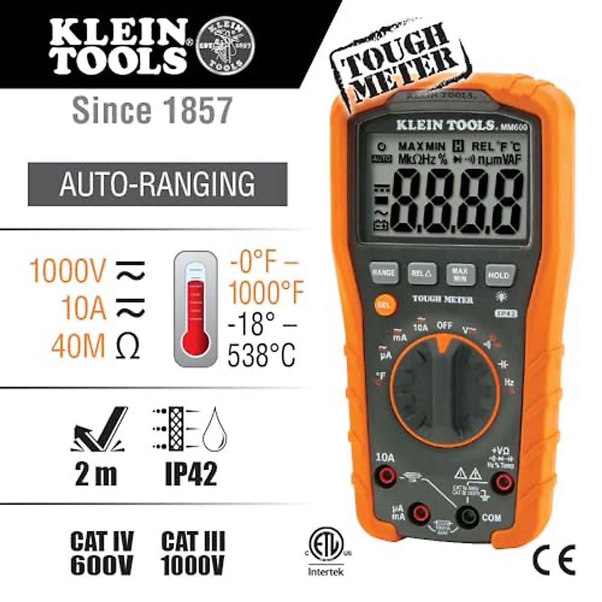 Klein Tools MM600 Multimeter, Digital Auto-Ranging, AC/DC Voltage and Current, Temperature, Frequency, Continuity, More, 1000V