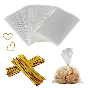 COOLAKE Clear Treat Bags 100 PCS Cellophane Bags Clear Candy Bags with 100 PCS Metallic Twist Ties For Kids Birthday Candy Popcorn Gift Cookie Small (4''by 6'')