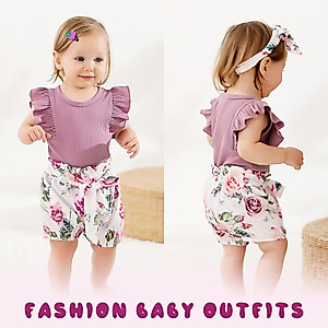 Tiny Cutey Baby Girl Clothes Infant Summer Outfits Set Ruffle Sleeve Romper and Floral Shorts with Headband (Sleeveless Purple, 90, 12_months)