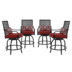 PHI VILLA Patio Outdoor Swivel Bar Stools Set of 4, Patio Bar Height Bistro Dining Chairs All Weather Metal Garden Furniture Sets with Cushion and Armrest, Red