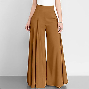DOLKFU Flowy Pants Women High Waist Casual Pants Lightweight Straight Wide Leg Pants Trendy Comfortable Loose Trousers Brown 5XL
