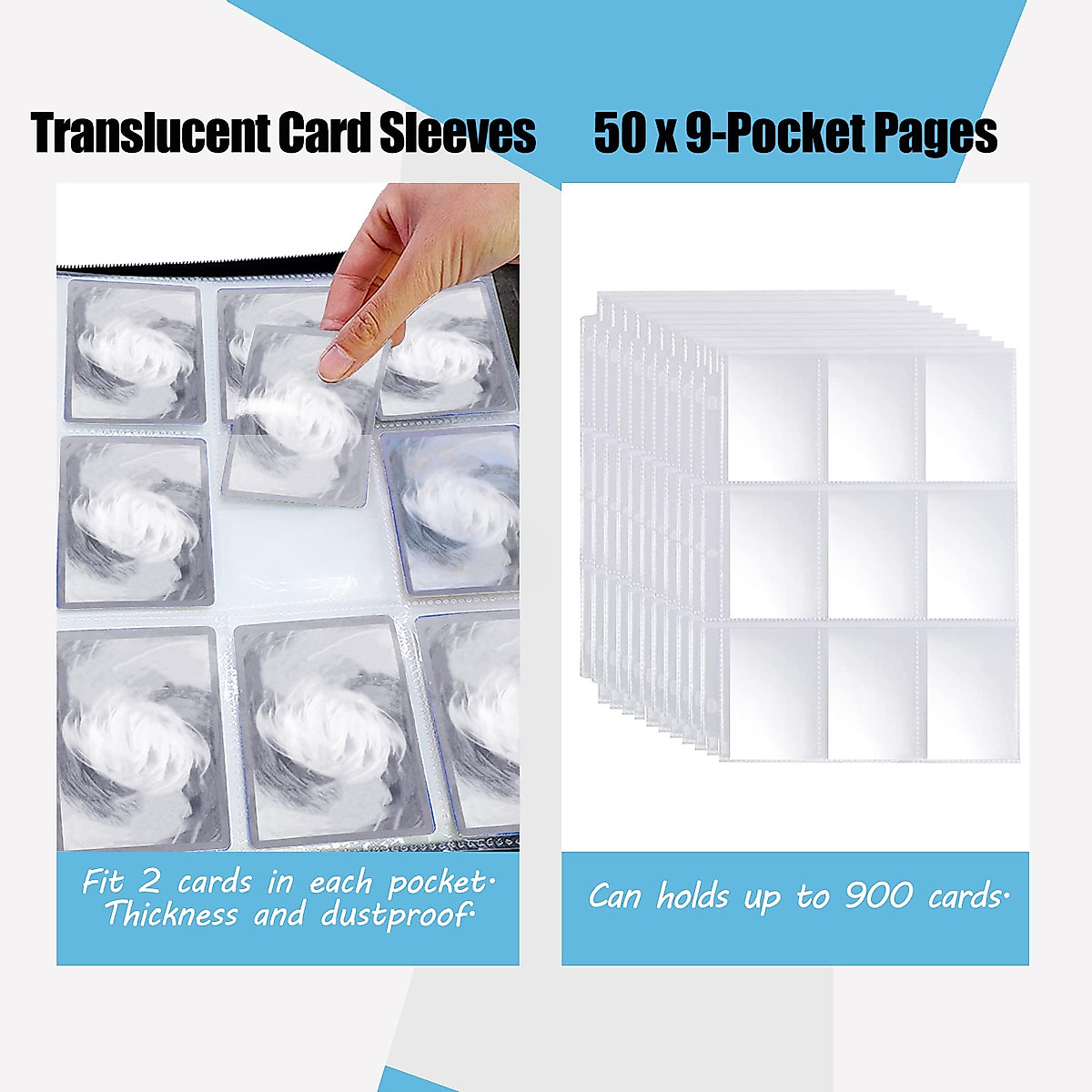 Trading Card Binder, 9-Pocket Card Collector Holder Album with 50 Sleeves Holds Up to 900 Cards, Storage Carrying Book Case for Baseball Football and Game Cards, Collection Toy Gift for Boys and Girls (Blue)