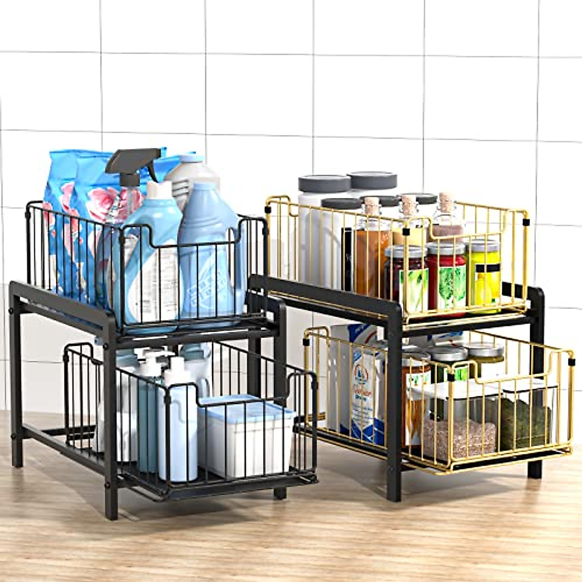 2 Tier Under Sink Organzier, NPPLUS Iron Under Sink Cabinet Organizers With Sliding Drawer, Pull-Out Home Organizer For Bathroom, Kitchen - Black