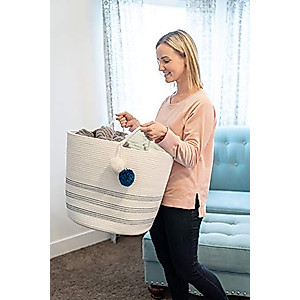 Sweetzer & Orange Extra Large Woven Cotton Rope Storage Basket with Pom-Poms – 16.5”x20.5” - Blanket Storage Baskets, Laundry and Toy Storage, Nursery Hamper - Off White/Navy XXL for Living Room