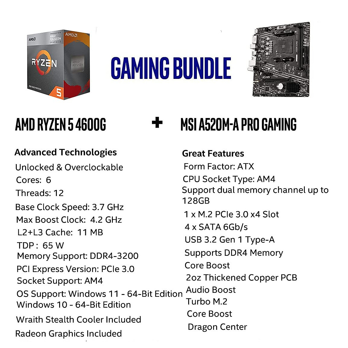 INLAND Micro Center AMD Ryzen 5 4600G 6-Core 12-Thread Unlocked Desktop Processor with Wraith Stealth Cooler Bundle with MSI A520M-A PRO Gaming Motherboard (AMD AM4, DDR4, PCIe 3.0, Micro-ATX)