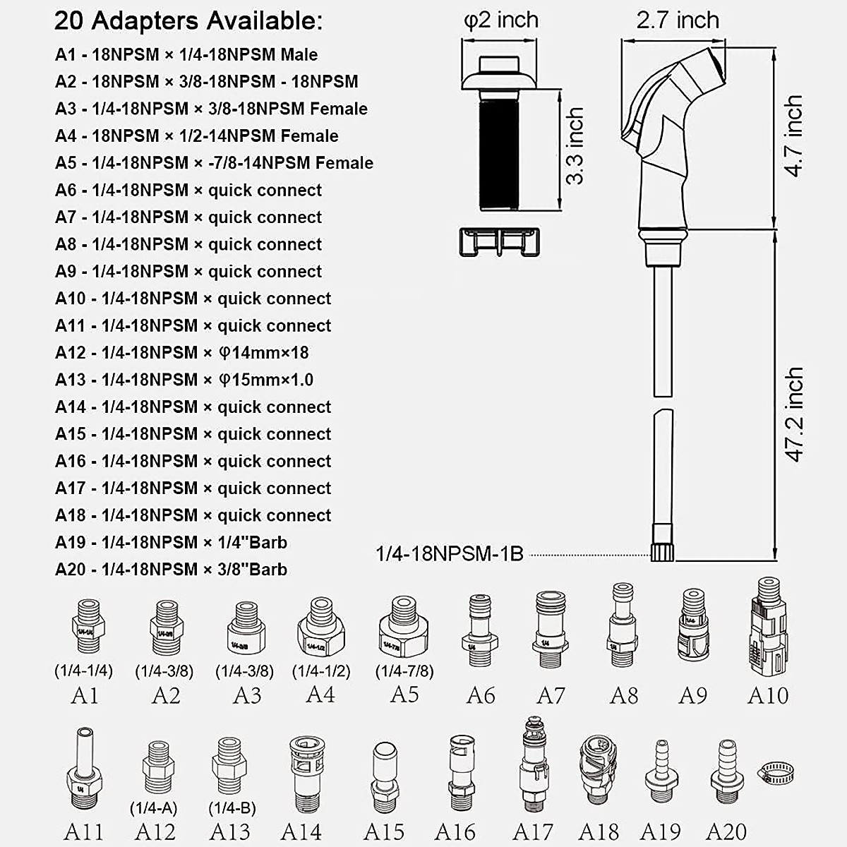 Brushed Nickel Kitchen Sink Side Sprayer Replacement + Brushed Nickel Kitchen Sink Faucet Head with 2 Ball Joint, 4 Spray Models