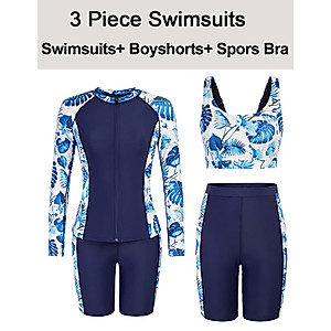 JACK SMITH Rash Guard for Women 3 Piece Long Sleeve Modest Swimsuits Swim Shirt Tummy Control Swimming Suits with Shorts and Sports Bra Navy/Flower
