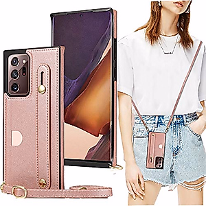 Samsung Galaxy Note 20 Ultra Case,ZYZX Removable Adjustable Leather Strap Crossbody Holders Case Neck Strap Lanyard Purse Shoulder Strap w/Kickstand Case for Samsung Galaxy Note 20 Ultra KB Rose Gold