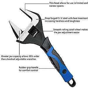 6-Inch Adjustable Wrench with Grip - Deep Jaw, Wide Mouth, Anti-Rust Black Oxide Finish, for Plumbing, Automotive, and Household Repairs - Metric Scale Marked, Non-Slip Handle, blue