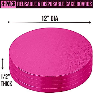 12 Inch Cake Boards - 4 Pack Cake Drums 12 Inch Dia - Disposable Pink Cake Board Circles - Reusable Round Cake Boards - Cake Base Cardboard Cake Rounds - Cake Decorating Supplies & Baking Supplies