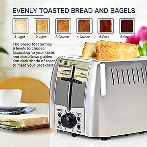 prepAmeal 2 Slice Toaster Stainless Steel Toaster Two Slice Bagel Toaster Small Bake Toaster with 6 Browning Setting, Reheat, Defrost, Bagel, Cancel Function, Extra Wide Slots (Silver - 2 Slice)