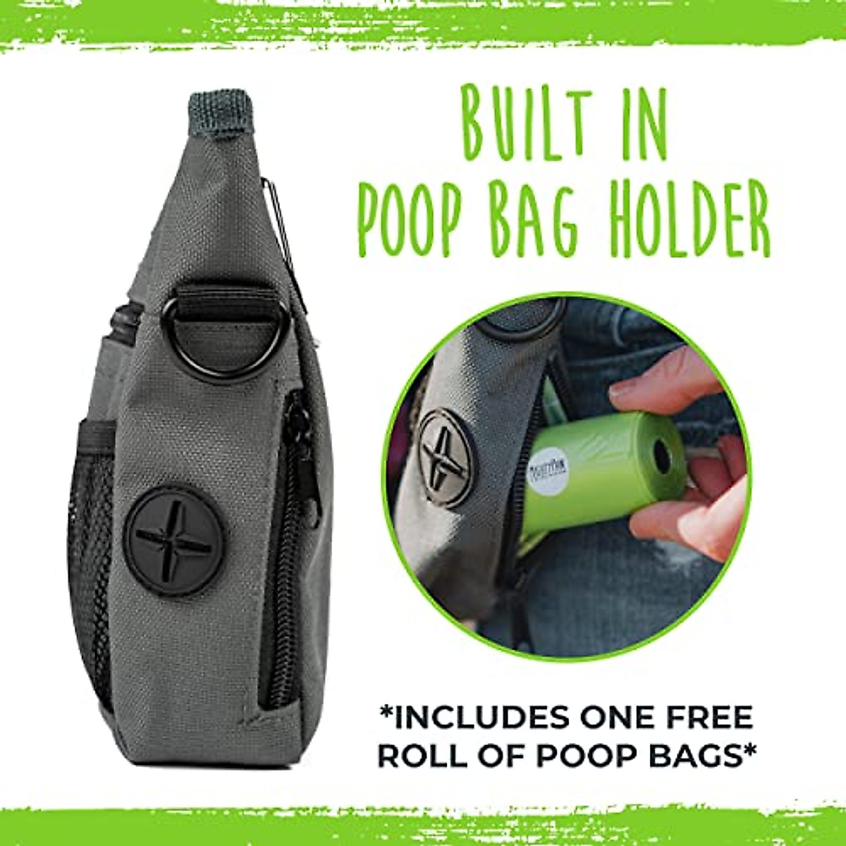 Mighty Paw Dog Treat Pouch 2.0 | Pet Training Hands-Free Snack Bag w/Strap. Holds 2 Cups Kibble, Poop Bags, Phone & Keys. Magnetic Clasp & Waist Belt Clip. Includes 1 Roll of Poop Bags (Green/Grey)
