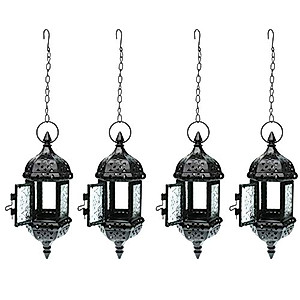 4X Iron Chain Hanging Glass Candlestick Candle Holder Lantern Lamp- Black