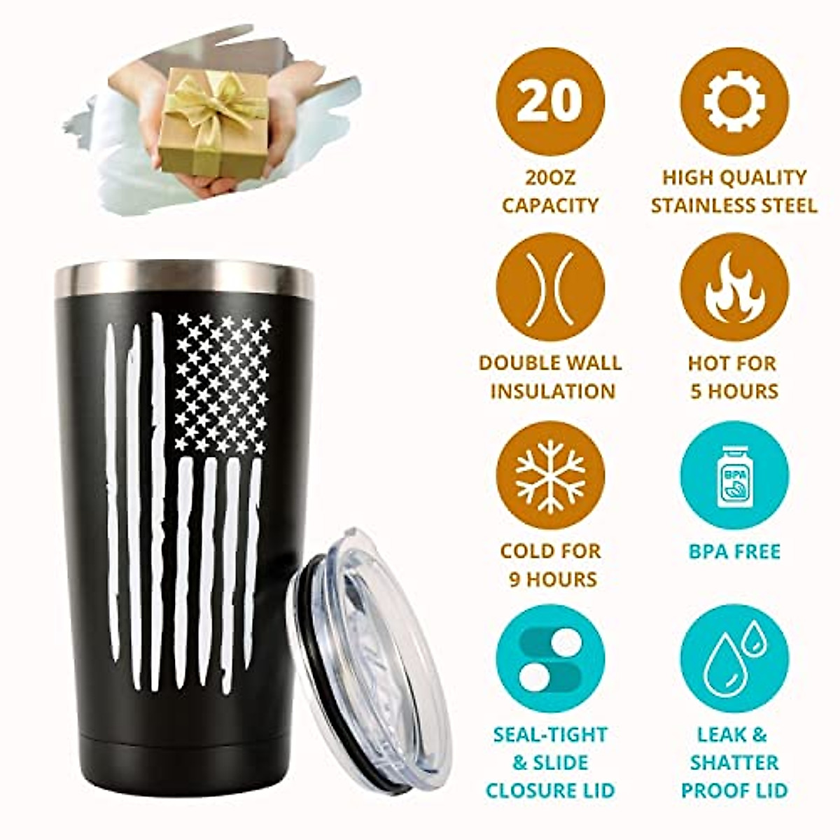 American Flag 20 OZ Travel Coffee Tumbler & Mug For Men Husband Dad, Unique Patriotic Military Gifts For Fathers day, Christmas, Birthday, Valentine, Anniversary