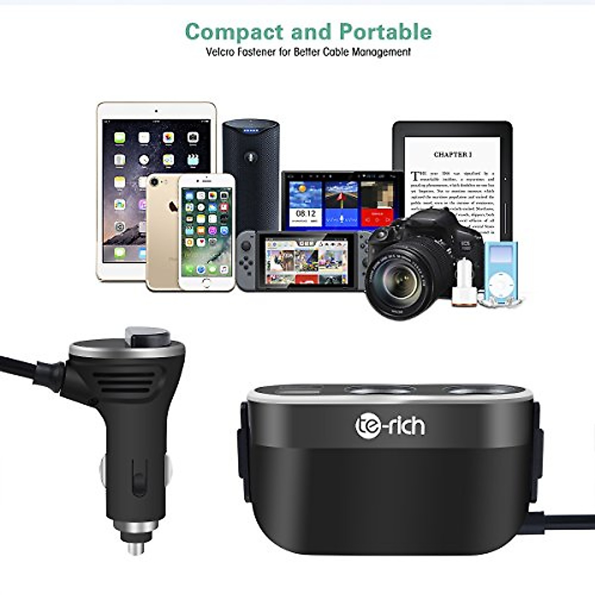 Car Socket Splitter, Te-Rich 96W 2-Way Auto Cigarette Lighter Splitter Power Adapter 12V/24V DC Outlet Extender 5.4A (Quick Charge 3.0 + 2.4A) Dual USB Charger for iPhones and Samsung Galaxy