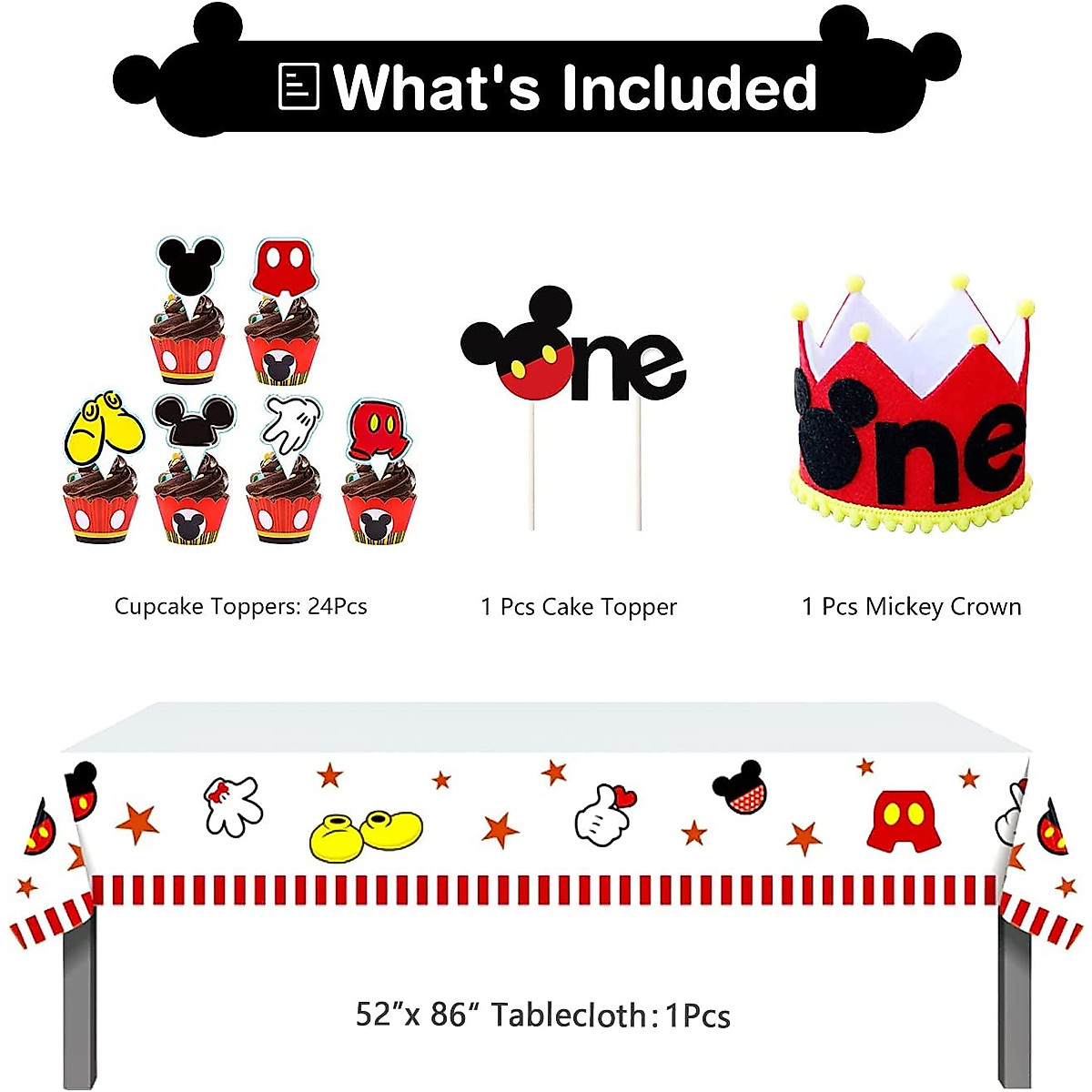 FVABO Mickey 1st Birthday Party Supplies Include Backdrop, Balloons Garland Arch, Welcome Hanger, Banner, Crown, Tablecloth, Cake Topper, Tassels, Mickey Theme Mouse Baby Shower Party Decorations
