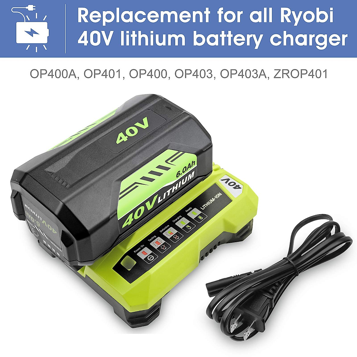 Munikind 6000mAh OP40601 Battery and Charger Replacement for Ryobi 40V Battery OP4050A OP4040 OP4030 OP4026A OP40201 ZROP4026 Compatible with Ryobi Battery 40 Volt Cordless Power Tool RY40180 RY40200