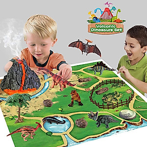 kramow Dinosaur Volcano Figures Toy with Mat, Mist-spouting Volcano Playset with Realistic Dinosaurs,Stone and Tree to Create a Dinosaur World Educational for Kids Boys Girls Age 3+