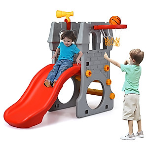 Costzon Toddler Slide Playground Climber Set, 5 in 1 Slide for Kids with Basketball Hoop, Telescope, Crawl Through Space, Easy Climb Stairs, Kids Large Slide Playset Gift for Both Indoor Outdoor Use