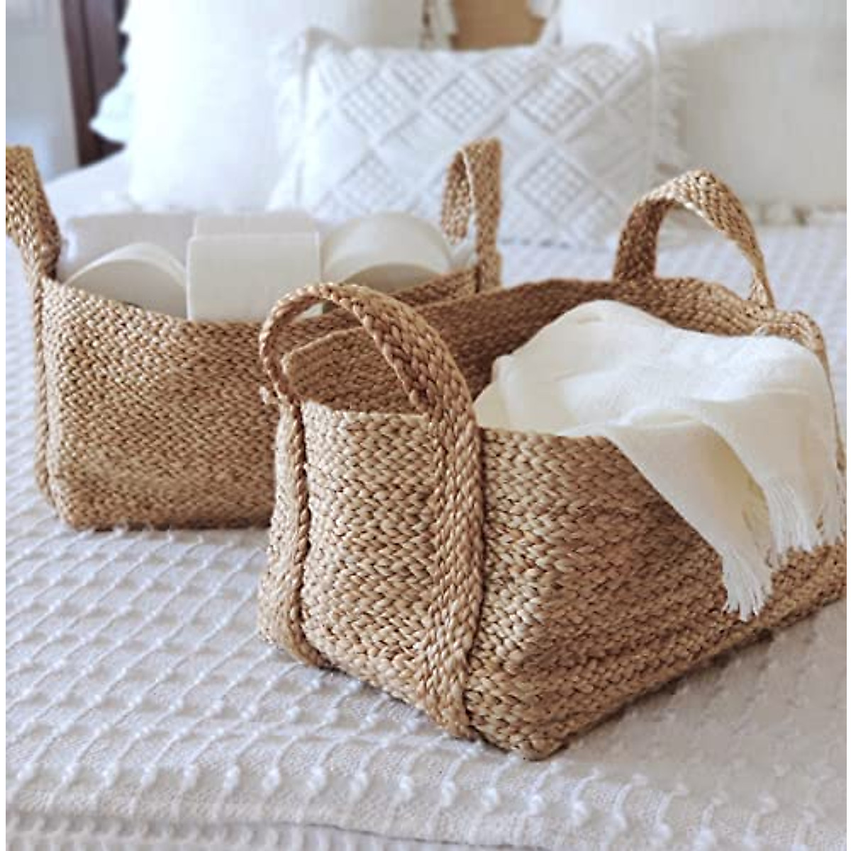 GooBloo Handmade Woven Basket 100% Jute - 10” x 7” - Set of 2- Storage Basket for Living Room, Toys, Storage, Towels or Nursery - Wicker Baskets with Handles - Handmade Natural Bathroom Hampers