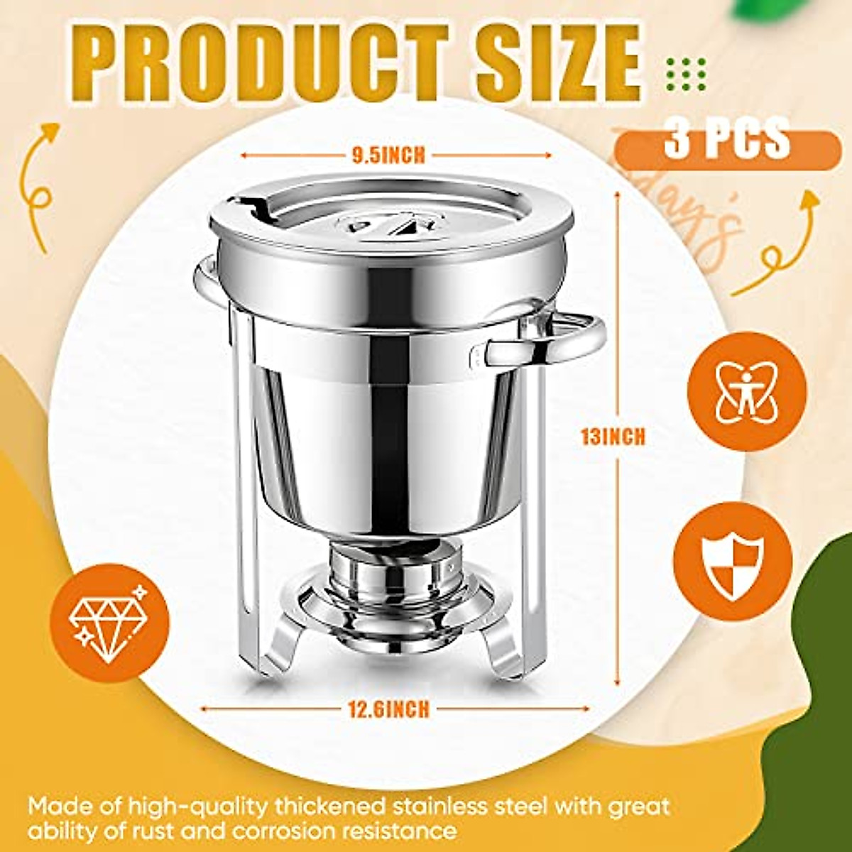 3 Pack Soup Warmer Soup Chafers for Catering Commercial Food Warmer with Pot Lid and Fuel 7 Qt Round Chafing Dish Buffet Set for Catering Buffet Servers Parties Events