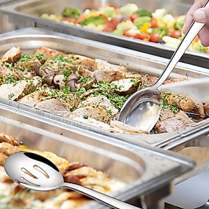 Square Serving Utensils Set of 6, E-far Stainless Steel 8.7 Inch Hostess Serving Set, Metal Serving Spoon Slotted Spoons Forks for Party Buffet Catering, Mirror Finished & Dishwasher Safe