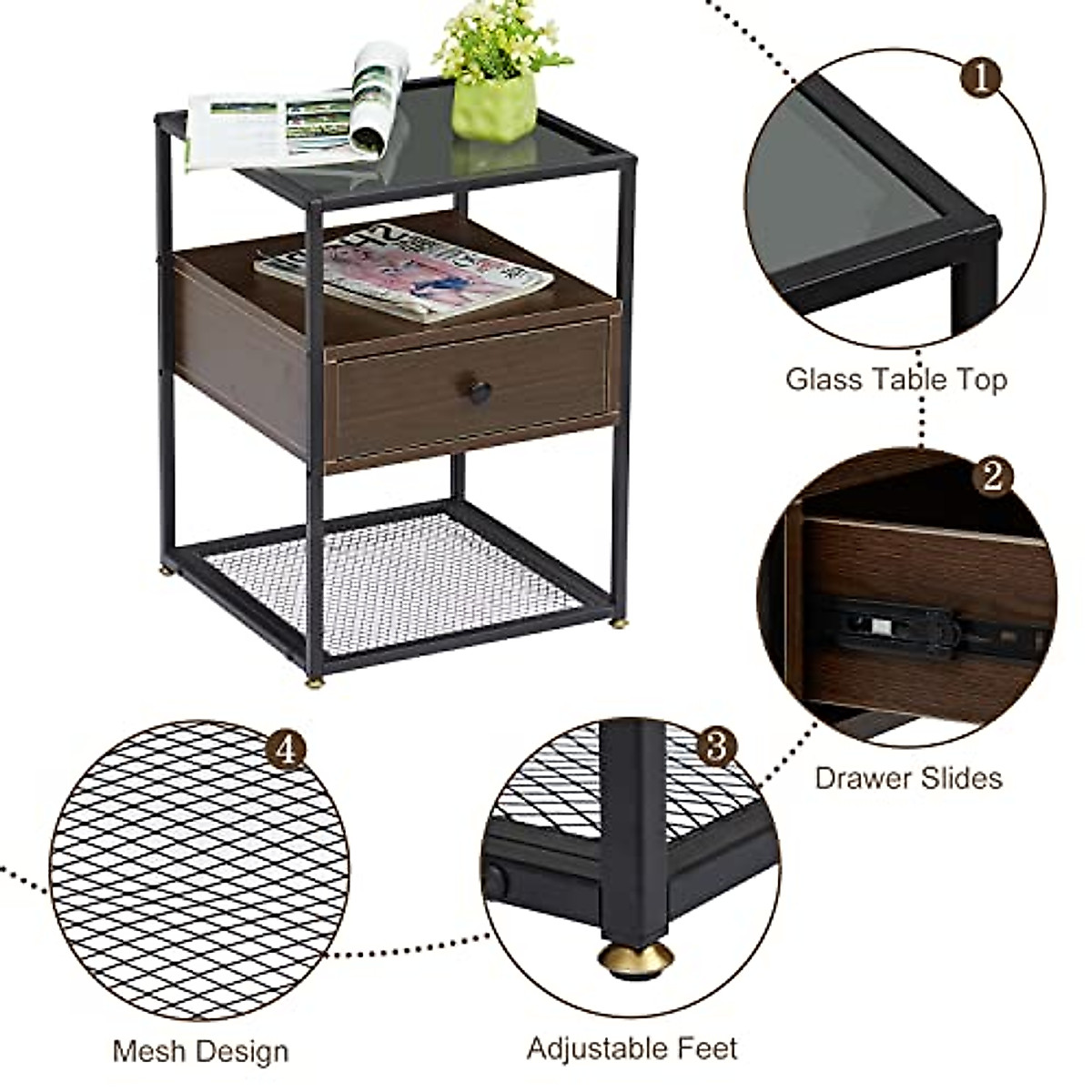 Kinfant End Table Set with Drawer - Nightstand Bedside Table with Mesh Shelf, Side Table with Glass Top for Hallway, Living Room, Bedroom, Rustic Brown and Black (2)