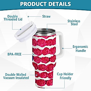 ODAWA Large Red Roses American Flag Insulated Tumblers with Handle and Straw Lid, 2 in 1 Lid Insulated Stainless Steel Tumblers