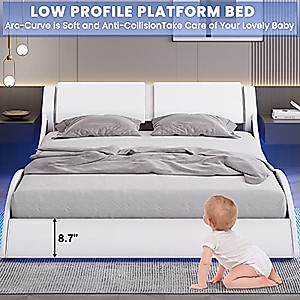 DICTAC Modern Upholstered Platform Bed Frame with LED Lights Faux Leather Low Profile Full LED Bed Frame Wave-Like Curve Platform Bed Frame with Headboard Strong Wood Slats Support, White, Full Size