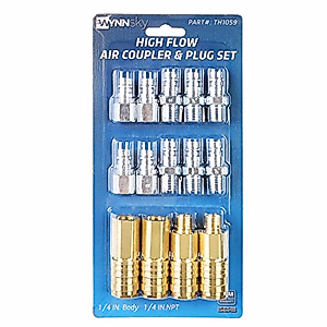 WYNNsky High Flow V-Style Air Fittings, Brass Quick-Connect Coupler and Steel Plug, 1/4 Inch Body Size, 1/4 Inch NPT Threads Size, 250PSI, 14PCS Air Compressor Hose Accessories