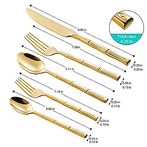Flatasy Flatware Set Gold Silverware Set with Bamboo Pattern Mirror Polished 20 Pieces Cutlery Set Housewarming Wedding Gift Service for 4
